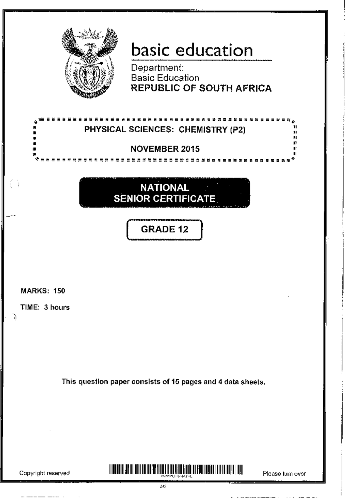 Grade 12 Physical Sciences: Chemistry (P2) November 2015 Question Paper - Studocu
