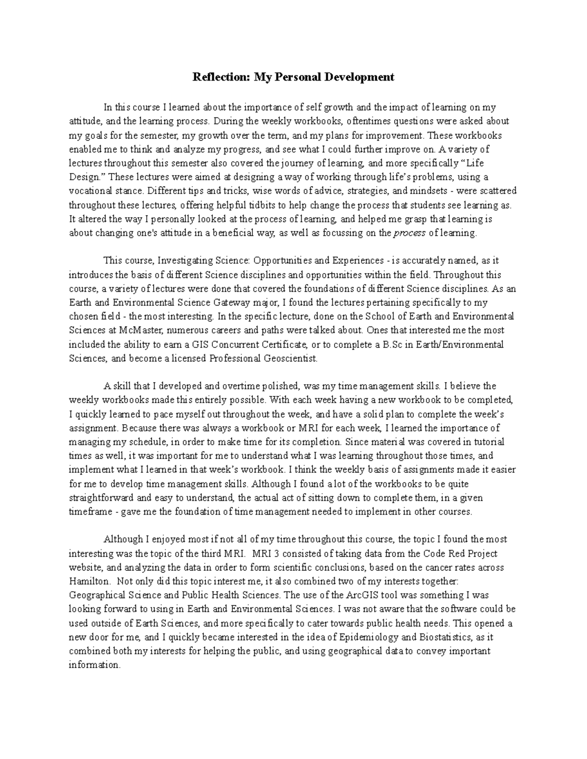 Reflection on Personal Development in SCIENCE 1A03 Course - Studocu
