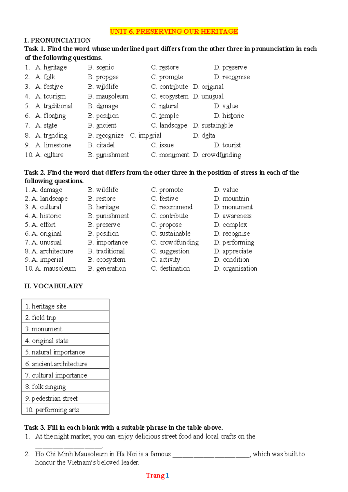 TỔNG HỢP UNIT 6: PRESERVING OUR HERITAGE - PRONUNCIATION & VOCABULARY ...