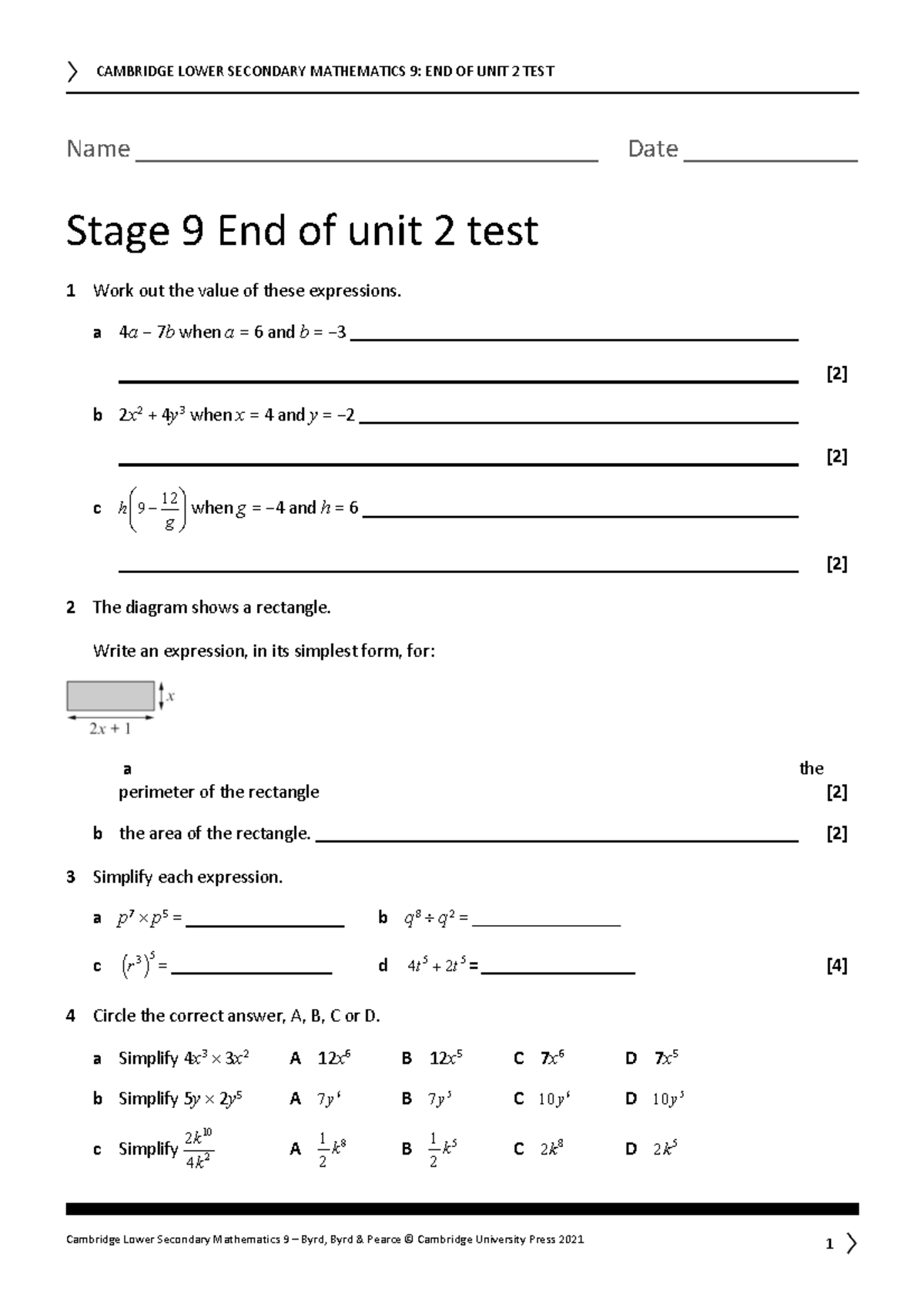 CAMBRIDGE LOWER SECONDARY MATHEMATICS 9: UNIT 2 END-OF-UNIT TEST - Studocu