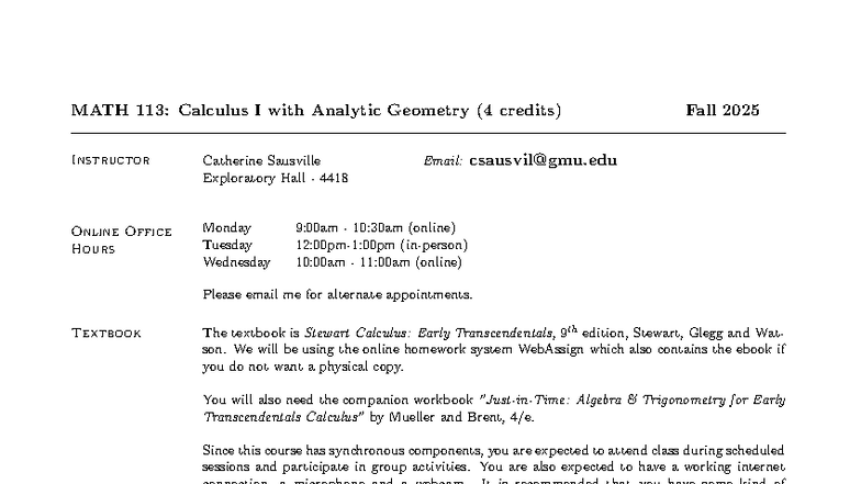 Math 113 Calculus I Syllabus For Fall 2025 Studocu