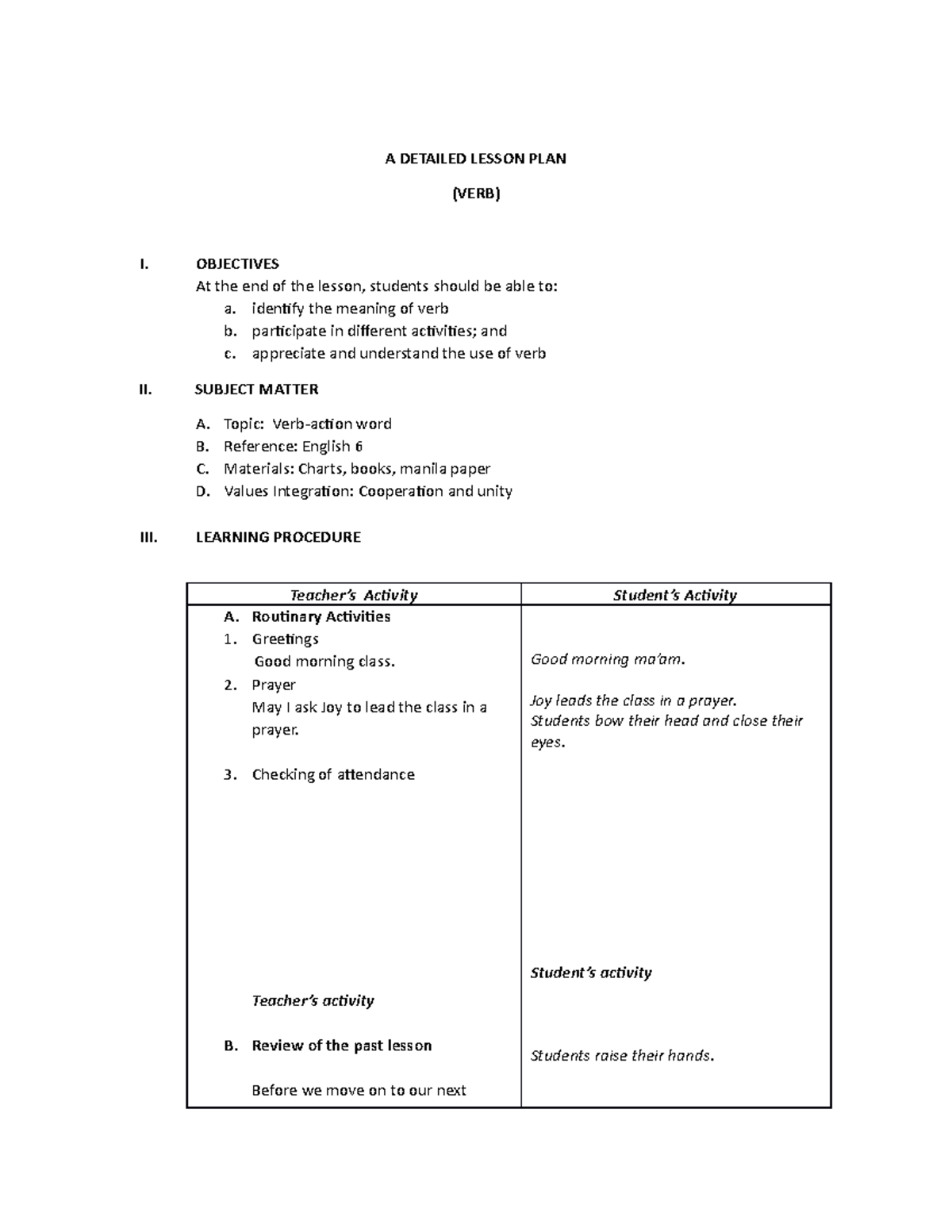 Detailed Lesson Plan on Verbs for English 6 Class - Studocu
