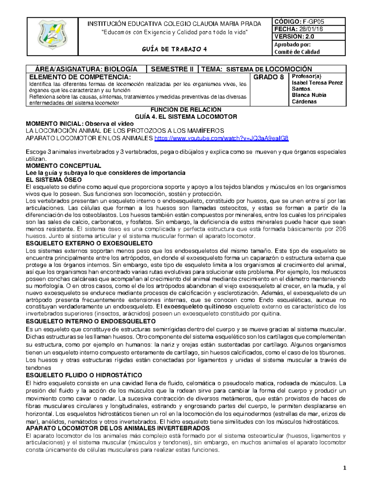 Guía de Trabajo 4: Sistema Locomotor - Biología 8° Sem II - Studocu
