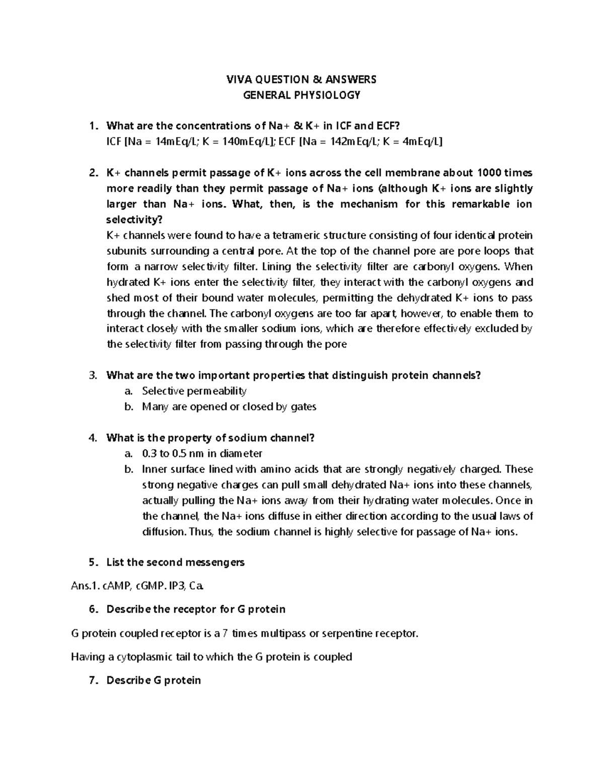 General Physiology VIVA Q&A for Course Code PHYS 101 - Studocu