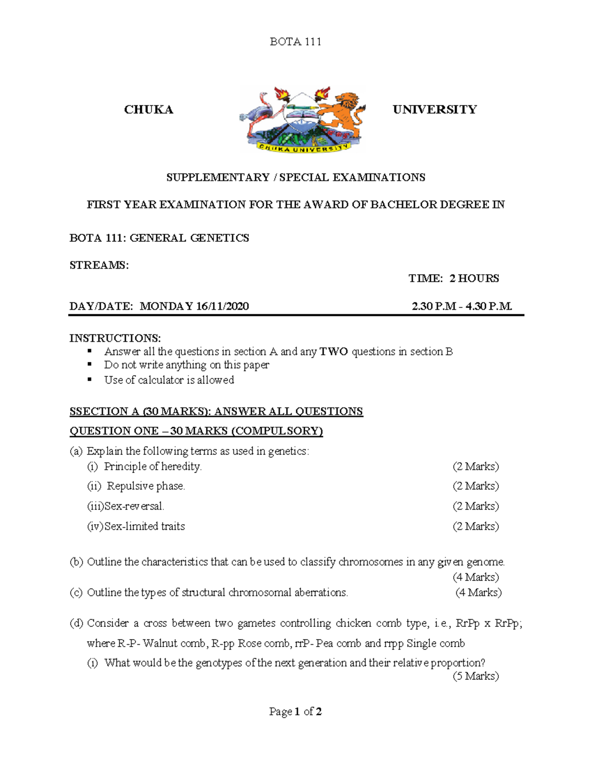 BOTA 111 - Supplementary Exam Notes on General Genetics - Studocu