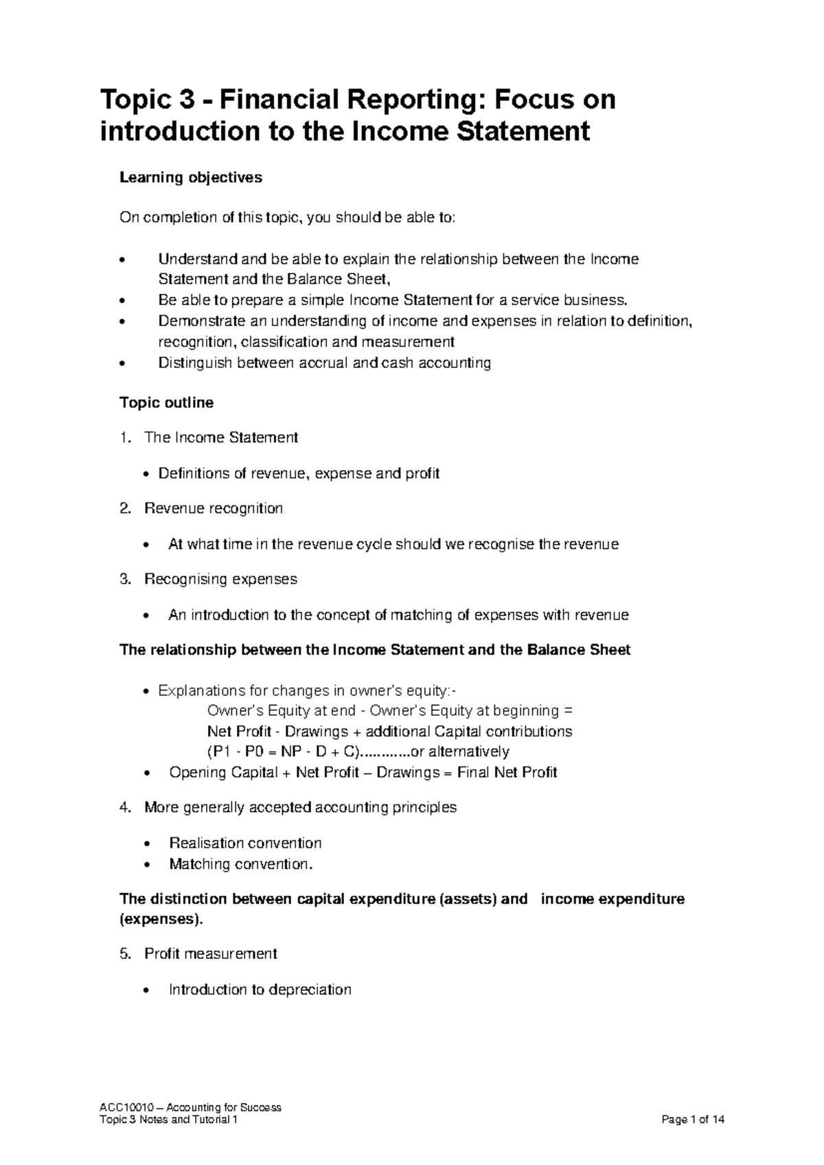 ACC10010 Topic 3: Income Statement & Balance Sheet Overview - Studocu