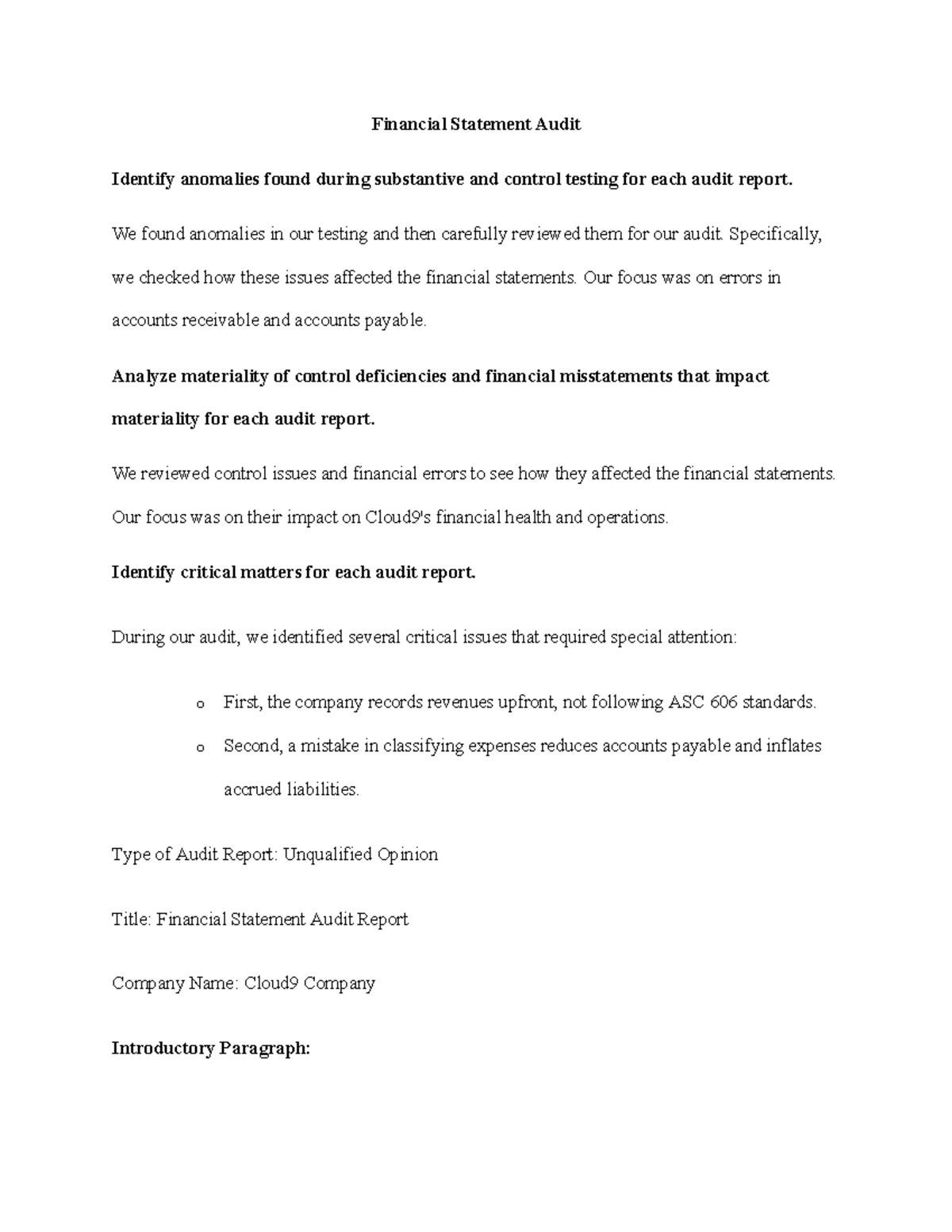 ACC 411 7-1 Cloud9 Financial Statement Audit Report Summary - Studocu
