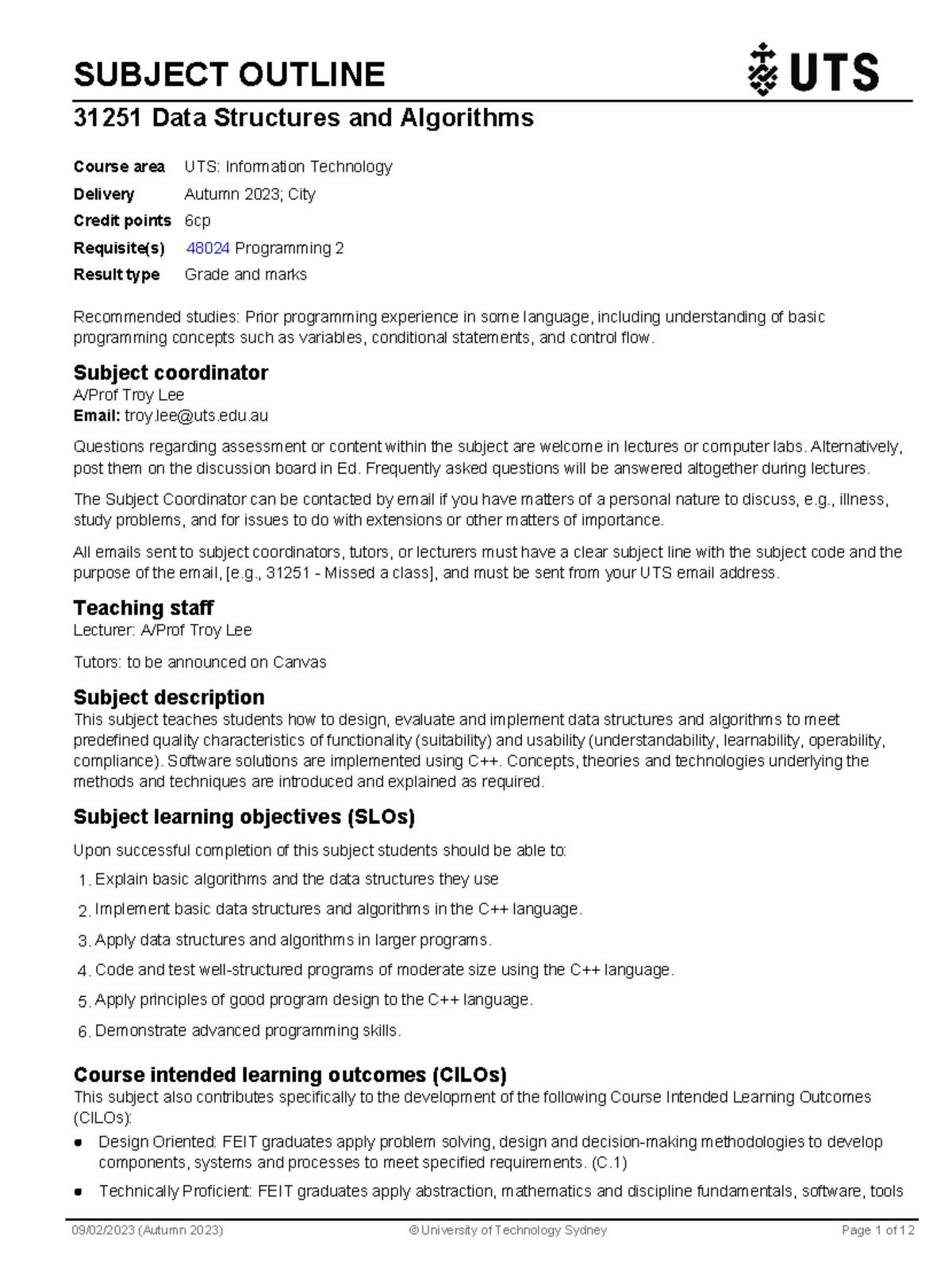 PDFs - outline - SUBJECT OUTLINE 31251 Data Structures and Algorithms ...