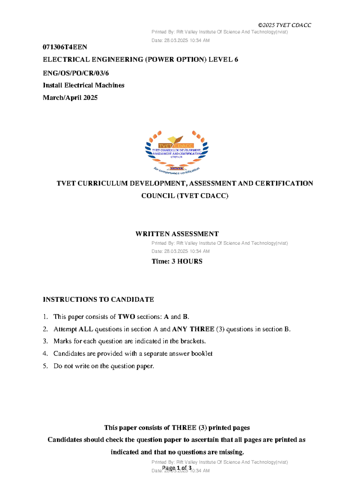 071306T4EEN Electrical Engineering Level 6: Install Electrical Machines CAT 1 - Studocu