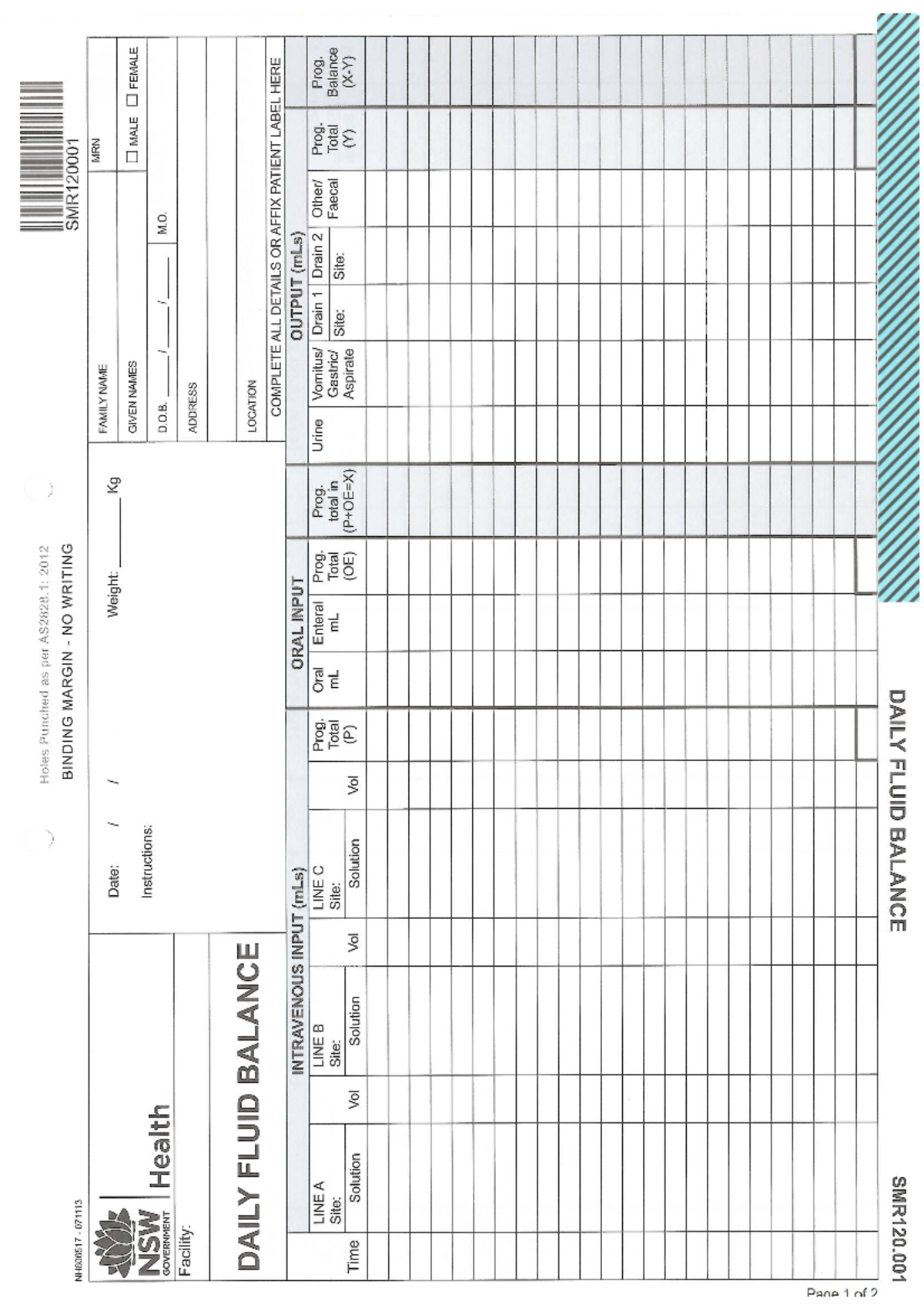 NSW Health Daily Fluid Balance Chart Template for Patient Monitoring ...
