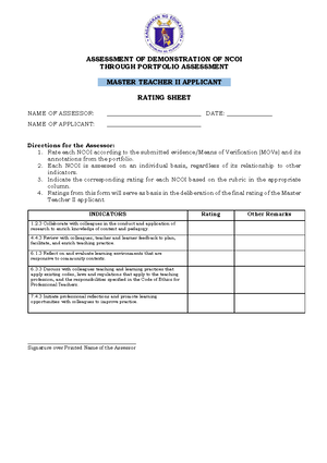 COT Teacher III Applicant Rating Sheet and Observation Tool - Studocu