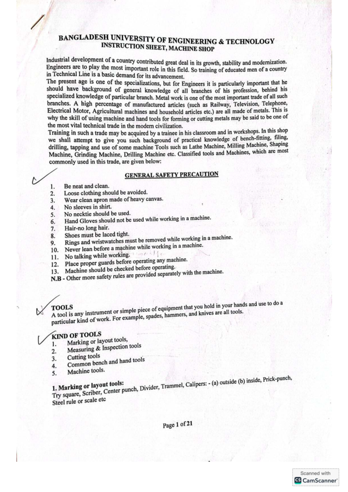 Machine shop instruction sheet - BUET course code and guidelines - Studocu