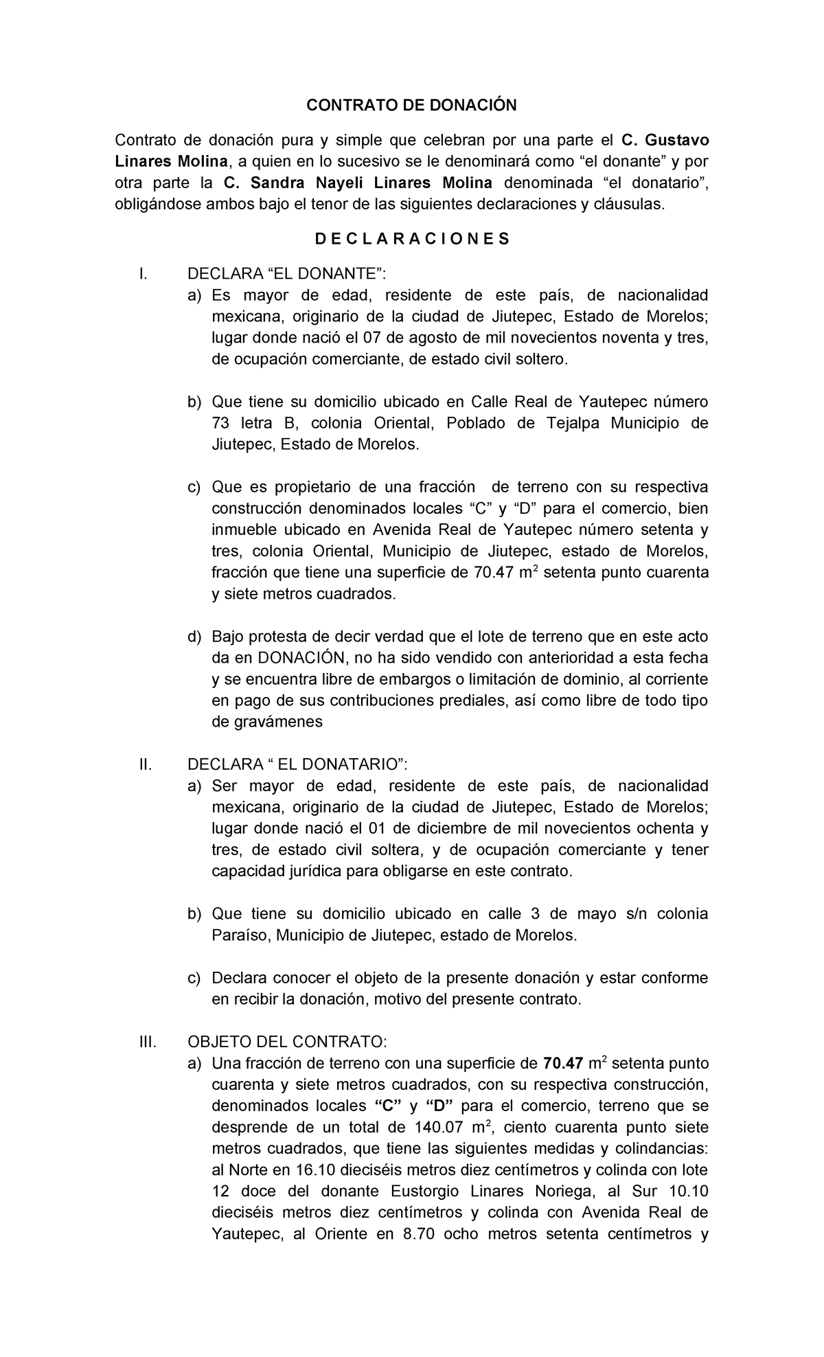 Contrato de Donación Pura entre C. Gustavo y C. Sandra Linares - Studocu