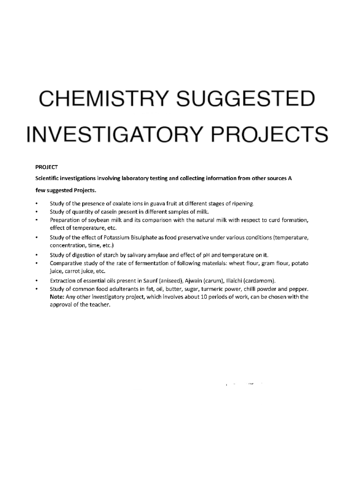 Chemistry Investigatory Project Ideas for Class 12 (CHEM 101) - Studocu