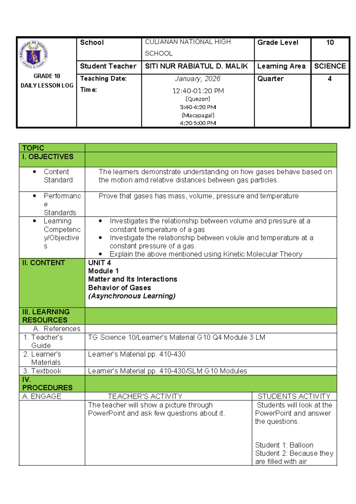 Grade 10 Science Daily Lesson Log: Behavior of Gases (Q4) - Studocu
