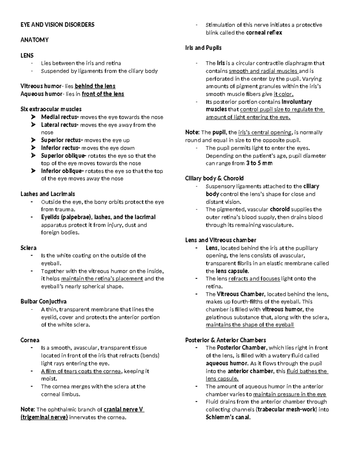 EYE & VISION DISORDERS: Anatomy and Assessment Overview - Studocu