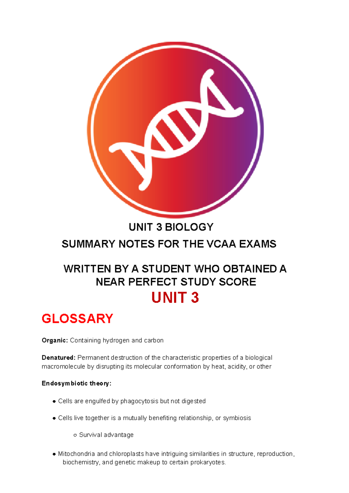 2021 Unit 3 Biology Summary Notes for VCAA Exams - Studocu