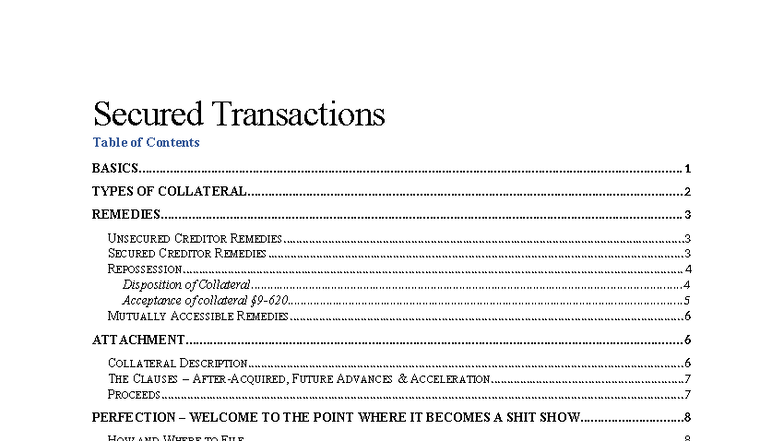 Secured Transactions Outline (BASICS, COLLATERAL, REMEDIES) - Studocu