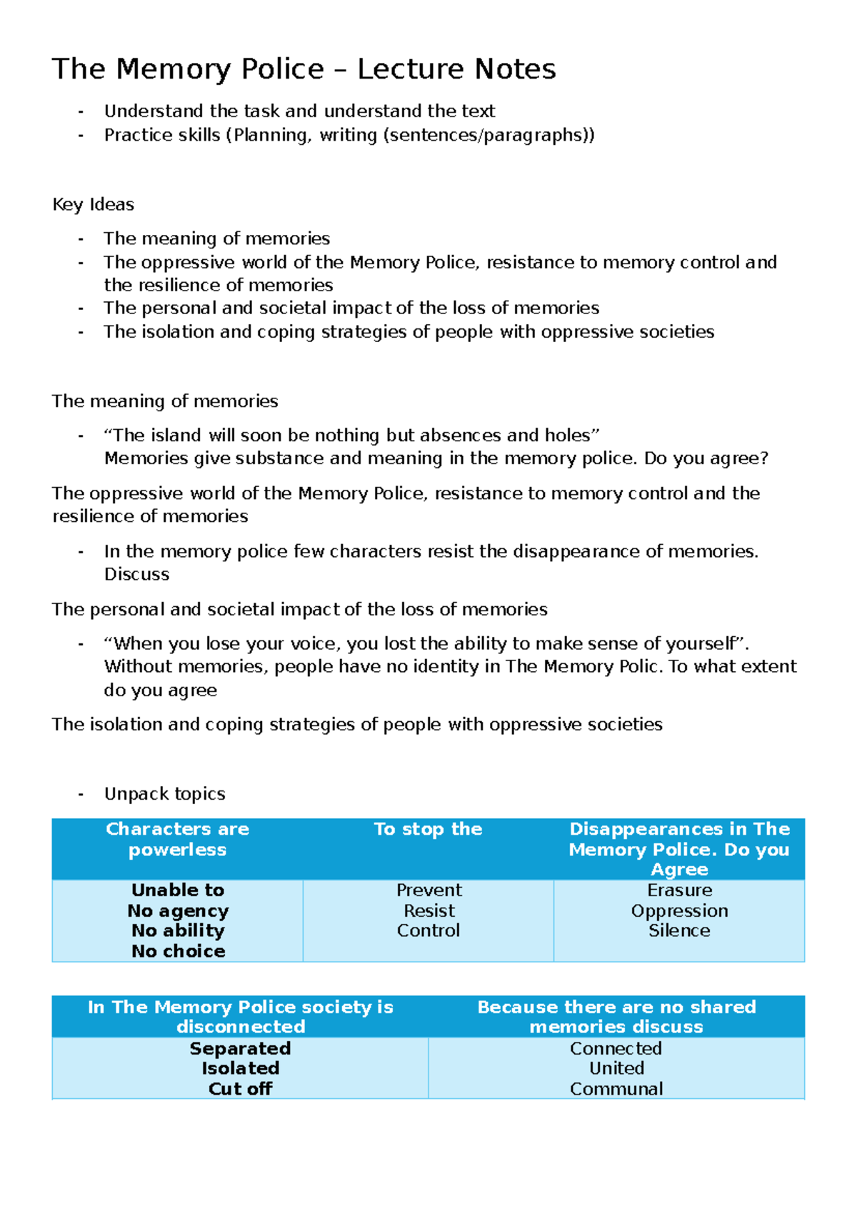 The Memory Police - Lecture Notes on Themes and Symbols - Studocu
