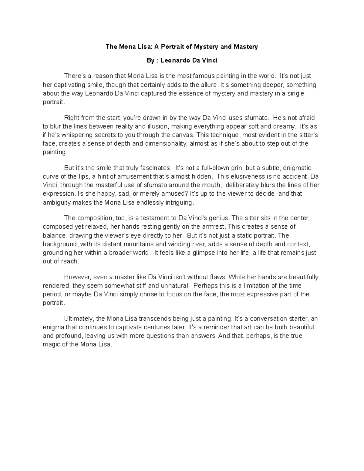 Summarization of Mona Lisa - The Mona Lisa: A Portrait of Mystery and ...