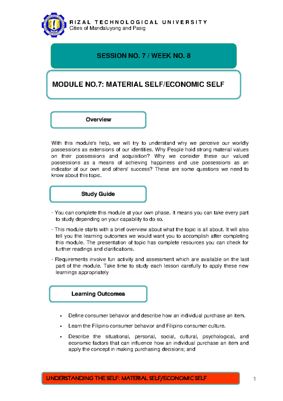 RIZAL TECHNOLOGICAL UNIVERSITY Understanding the Material Self: Chapter ...