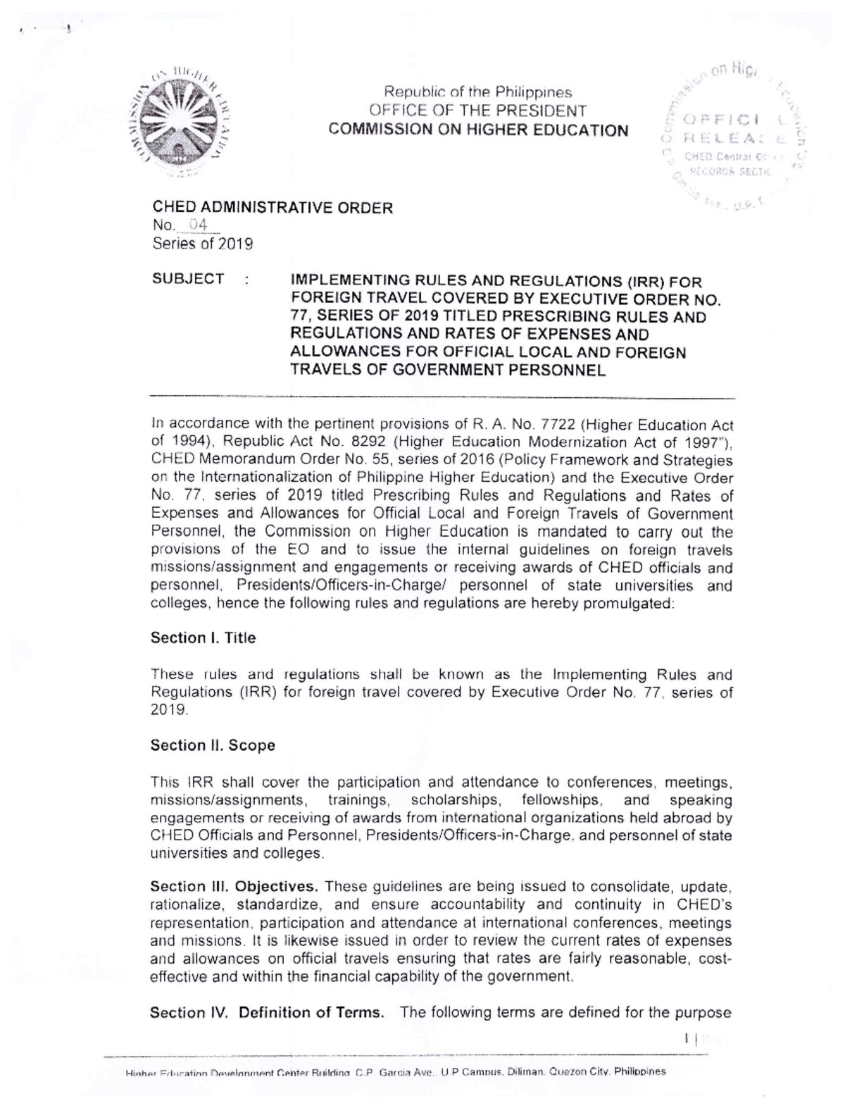 Implementing Rules and Regulations (IRR) for Foreign Travel under EO 77 ...