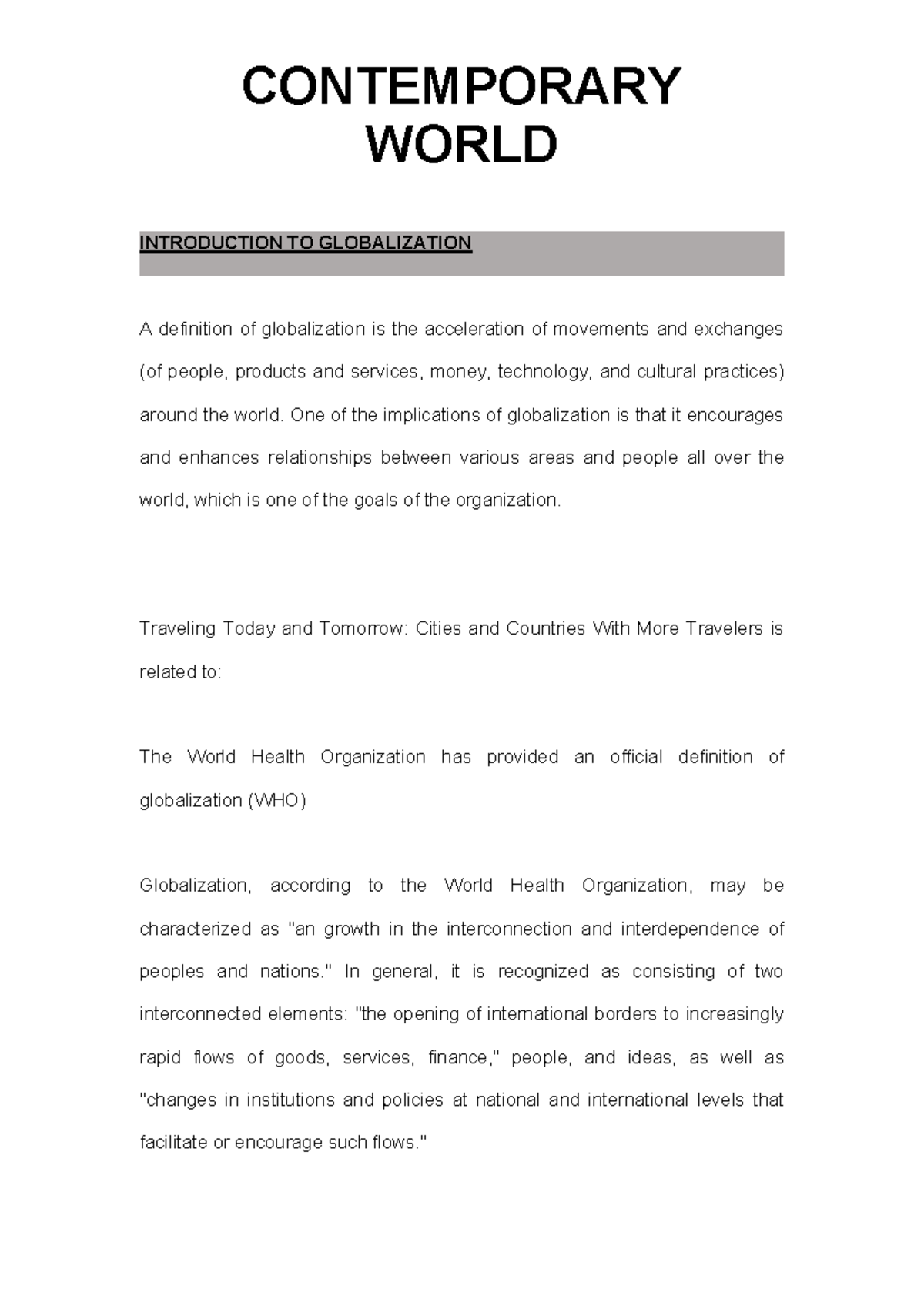 Contemporary World Complete Notes - WORLD INTRODUCTION TO GLOBALIZATION ...