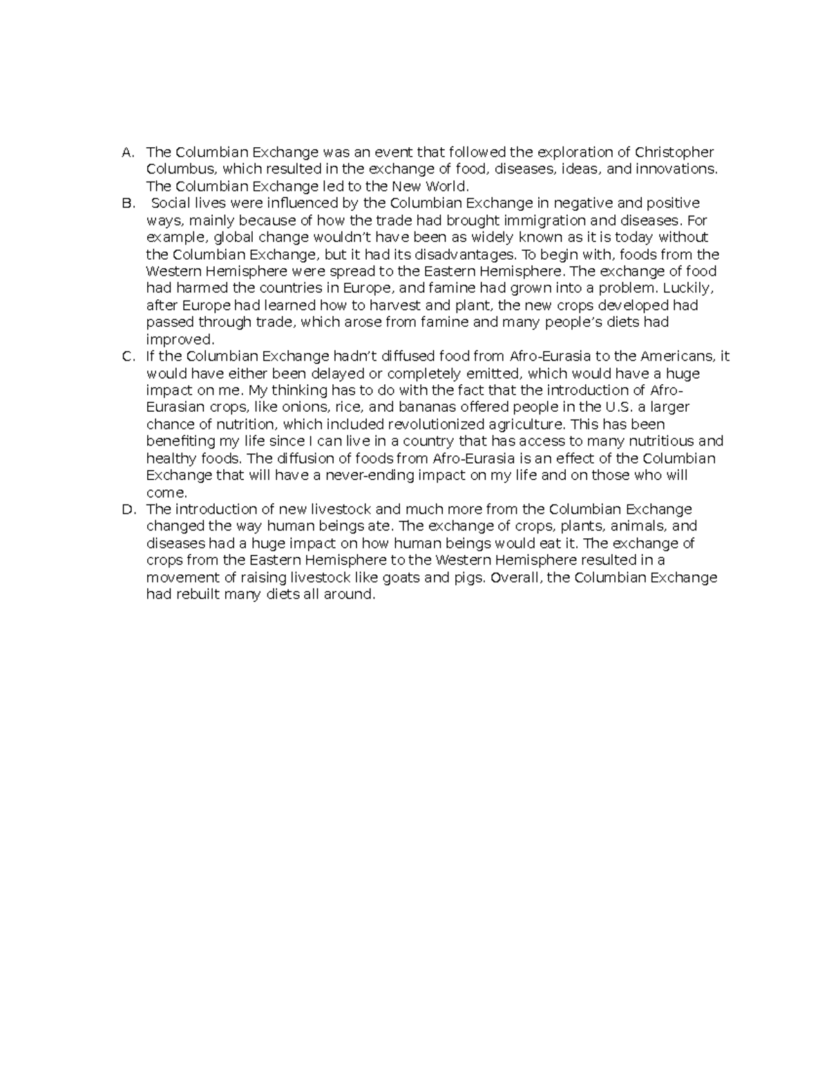 Columbian Exchange: Impact on Diets and Health in the New World - Studocu