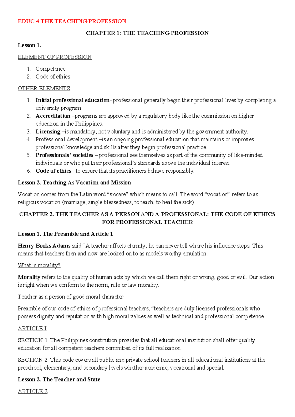 EDUC 4 Final Exam Notes: The Teaching Profession Insights - Studocu