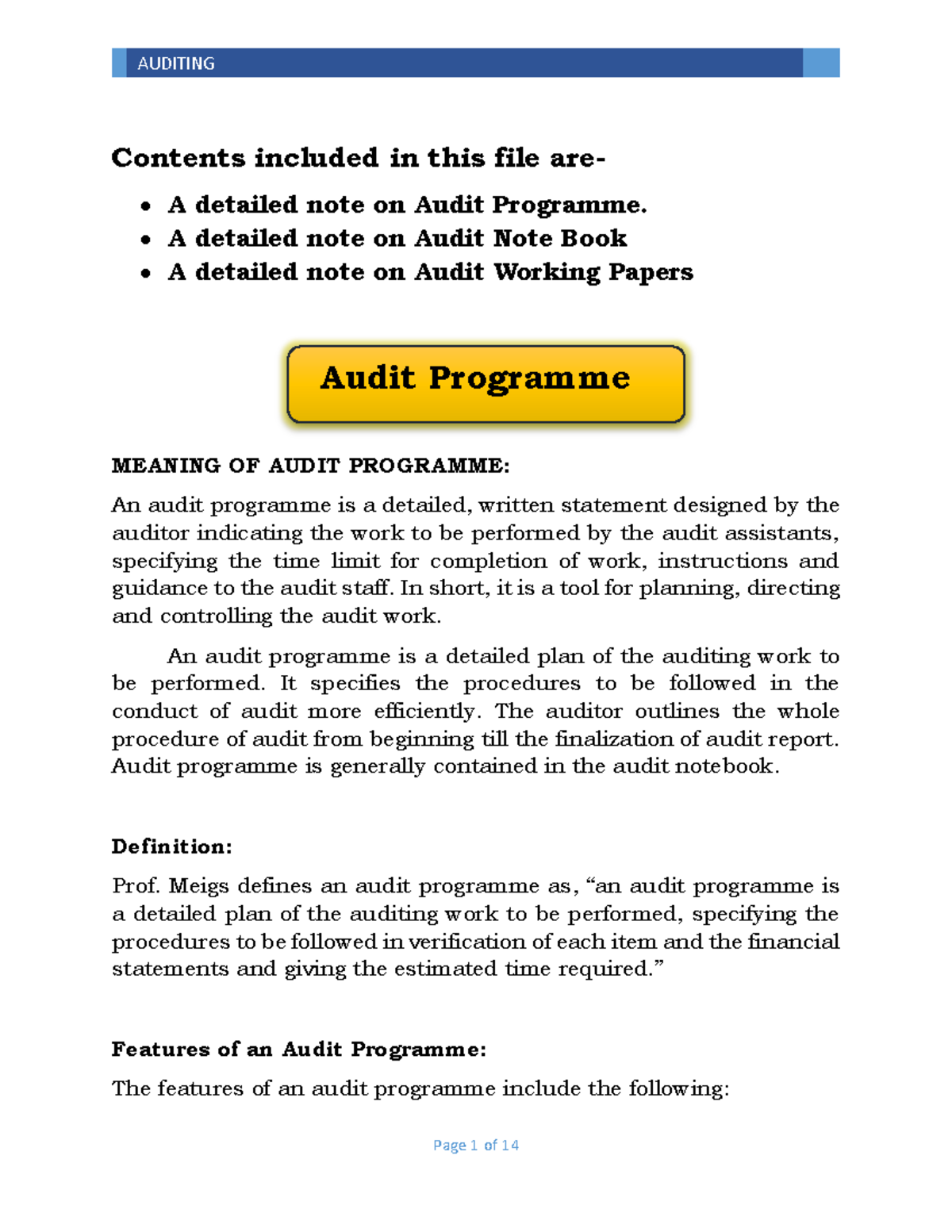 Audit Programme, audit working papers and audit note book. - Contents ...