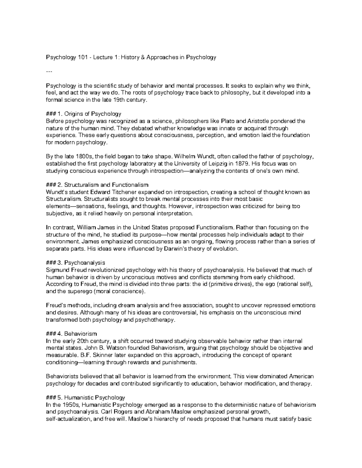 Psychology 101 Lecture 1: Historical Approaches to Psychology - Studocu