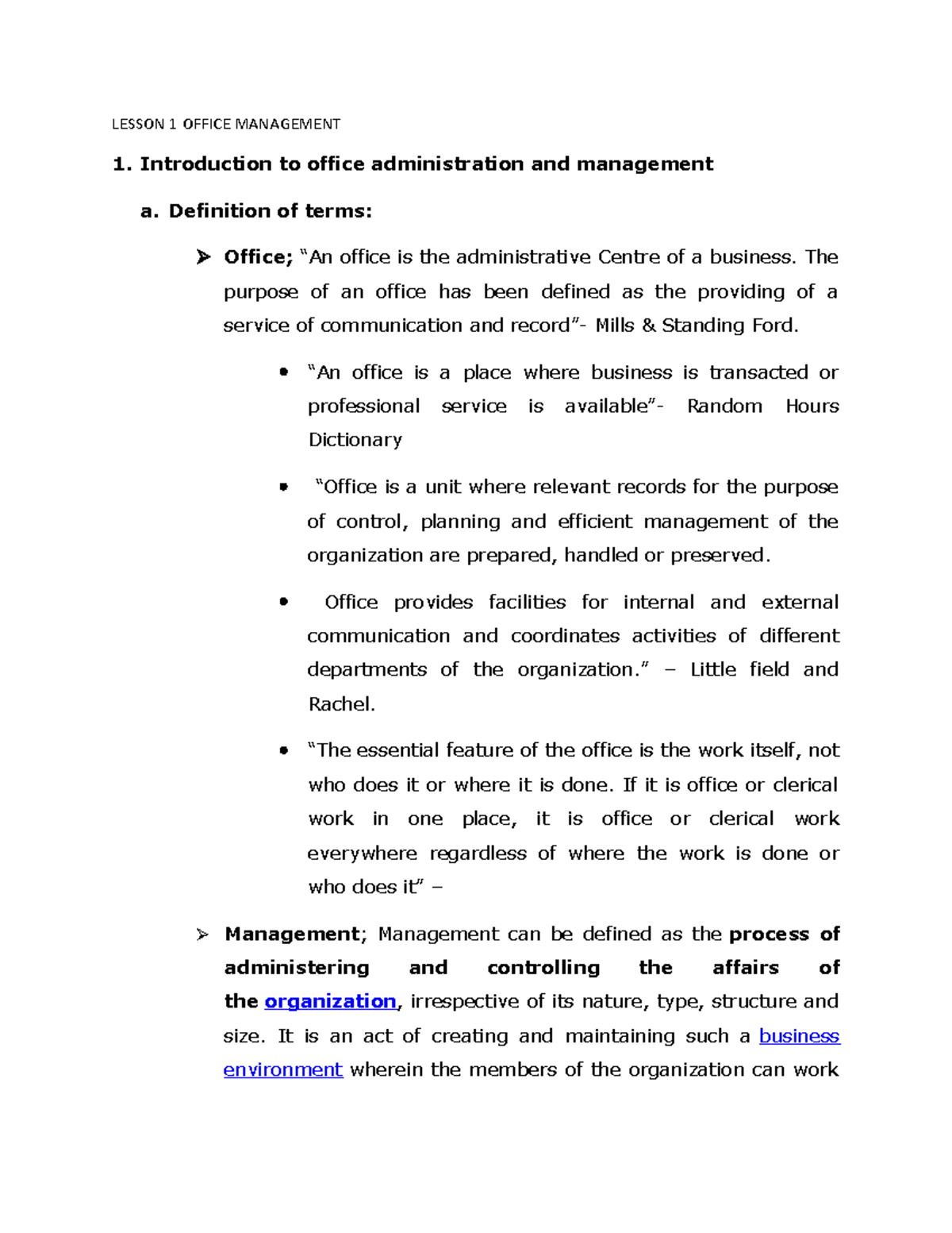 Lesson 1: Understanding Office Management Concepts and Principles - Studocu