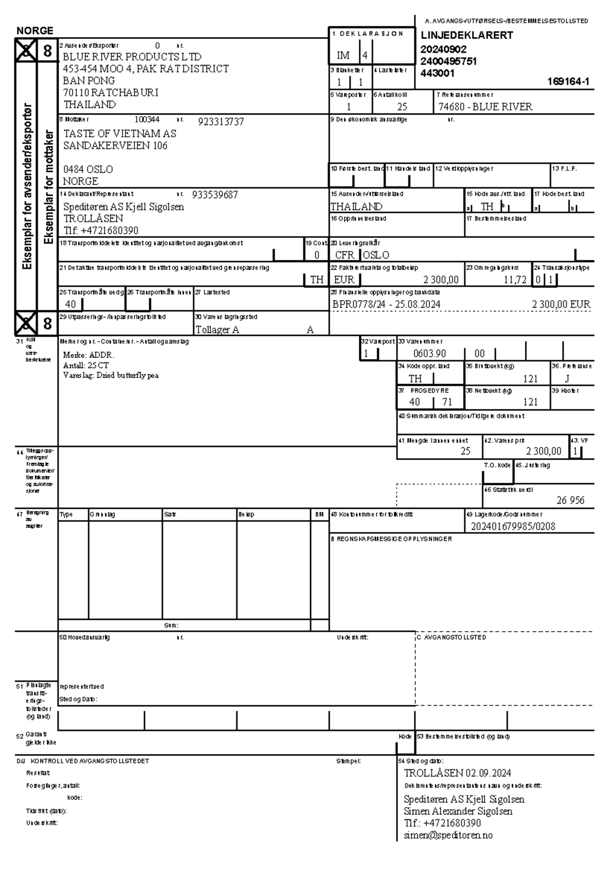 Detailed Customs Declaration Document for Course BLUE 443001 - Studocu