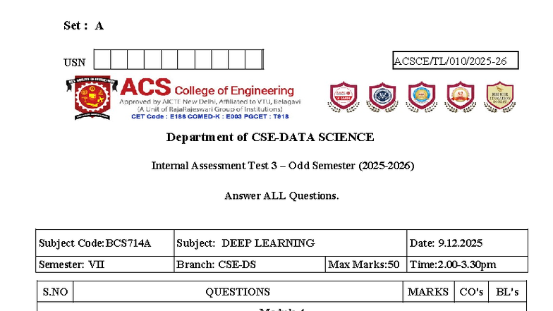 BCS714A: Deep Learning Internal Assessment Test 3 - Answer Key - Studocu