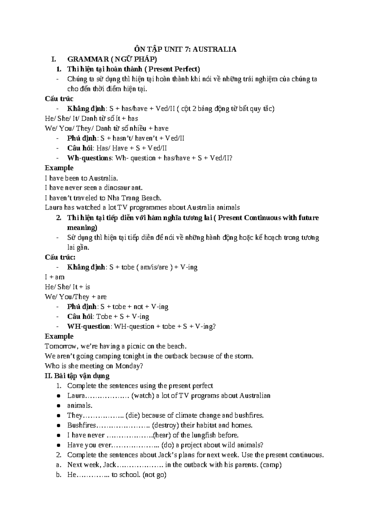 ÔN TẬP UNIT 7 Australia - Grammar revision - ÔN TẬP UNIT 7: AUSTRALIA I ...
