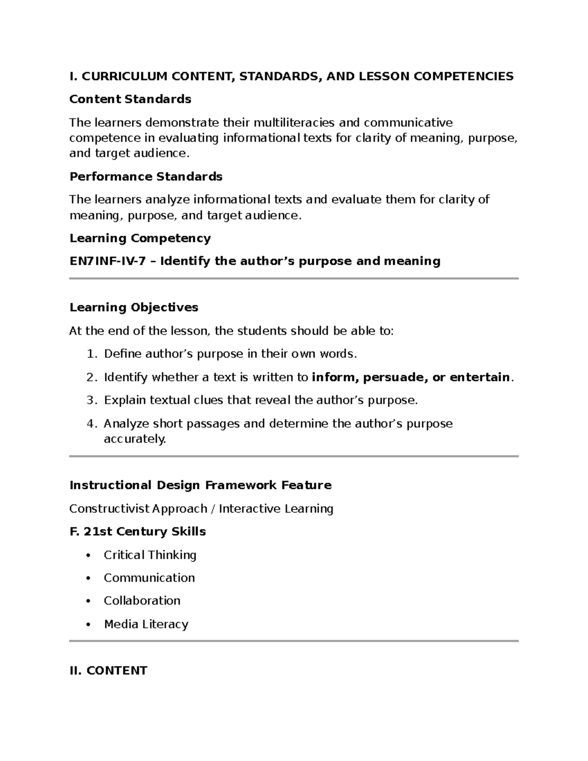 Detailed LP - Lesson on Purpose: Inform, Persuade, Entertain - Studocu