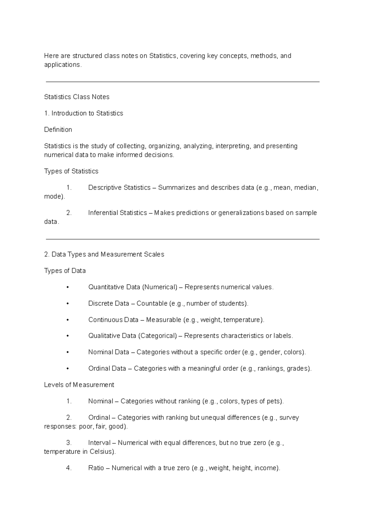 Statistics 01 class notes - Here are structured class notes on ...