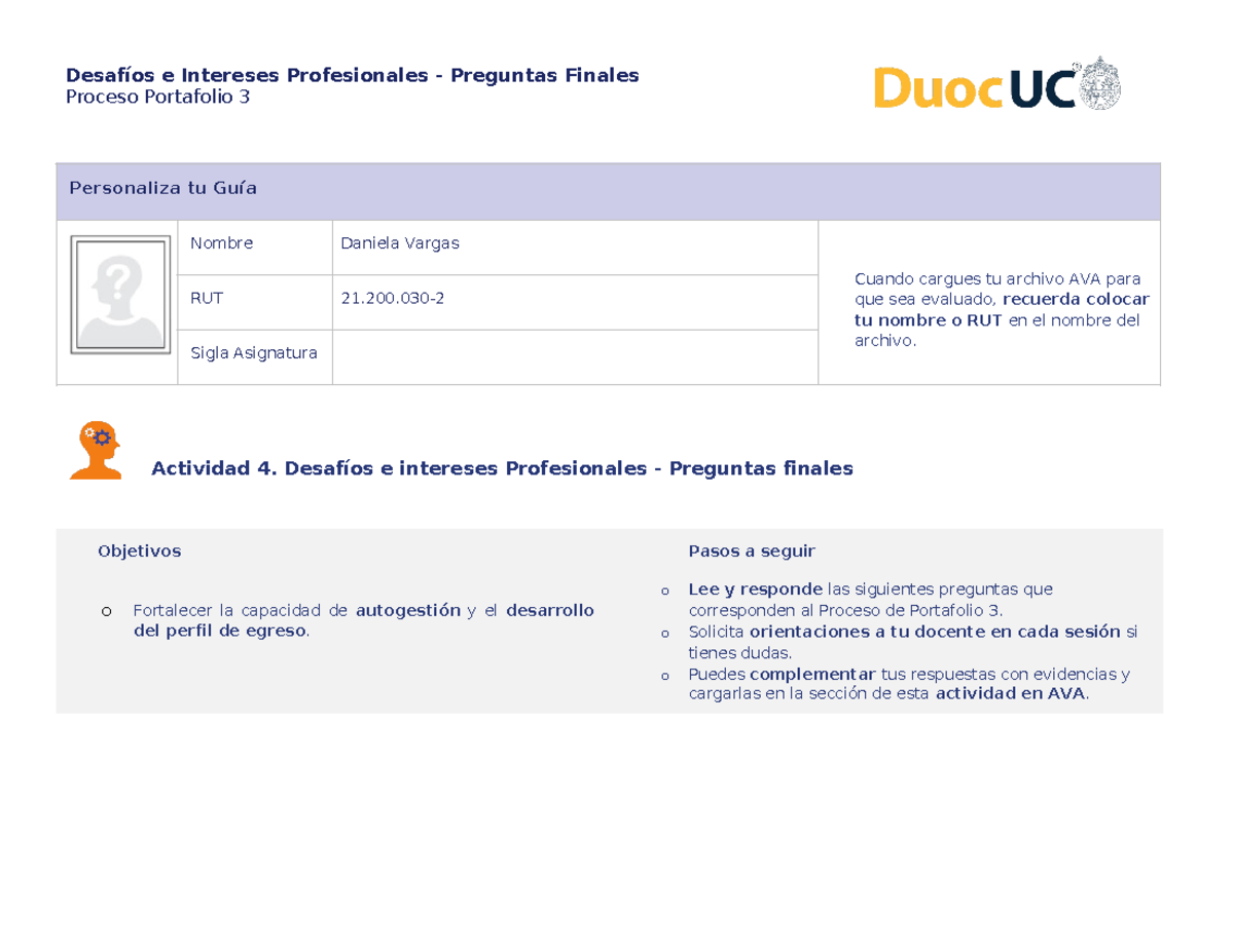 4. Desafíos e Intereses Profesionales APP3 Final Daniela V - Proceso Portafolio 3 Personaliza tu ...