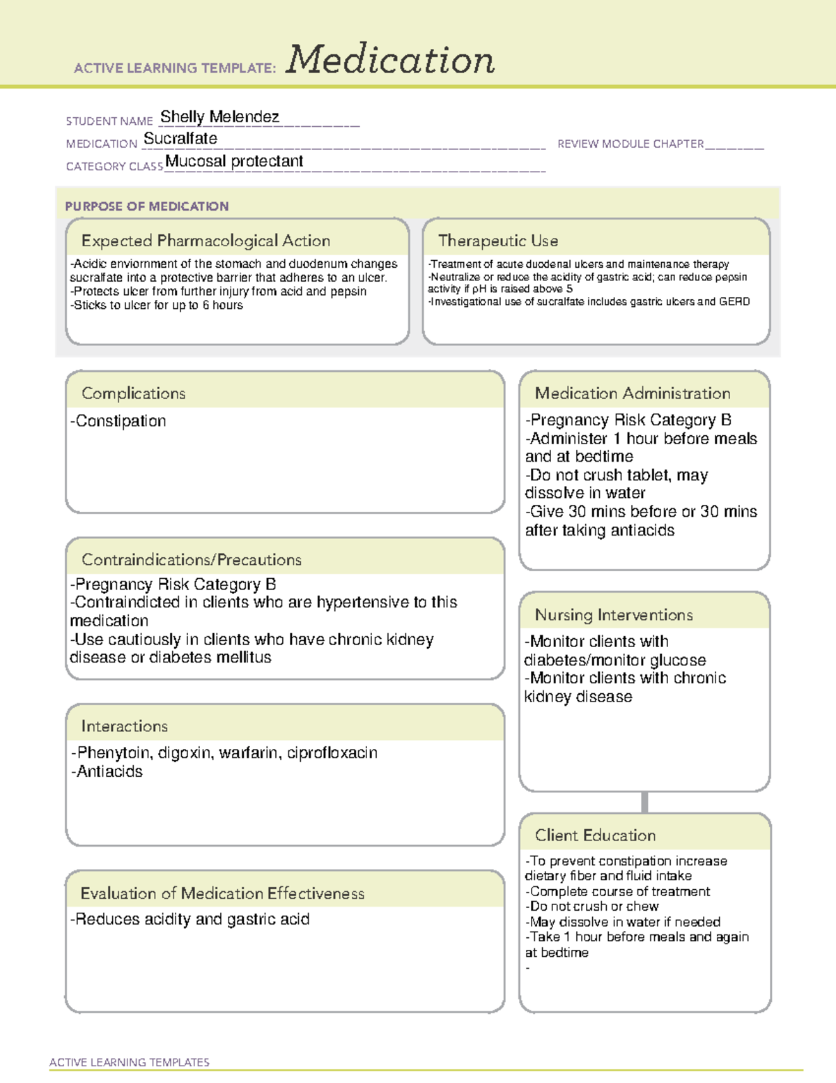 Medcard: Active Learning Template for Sucralfate (Pharm 101) - Studocu