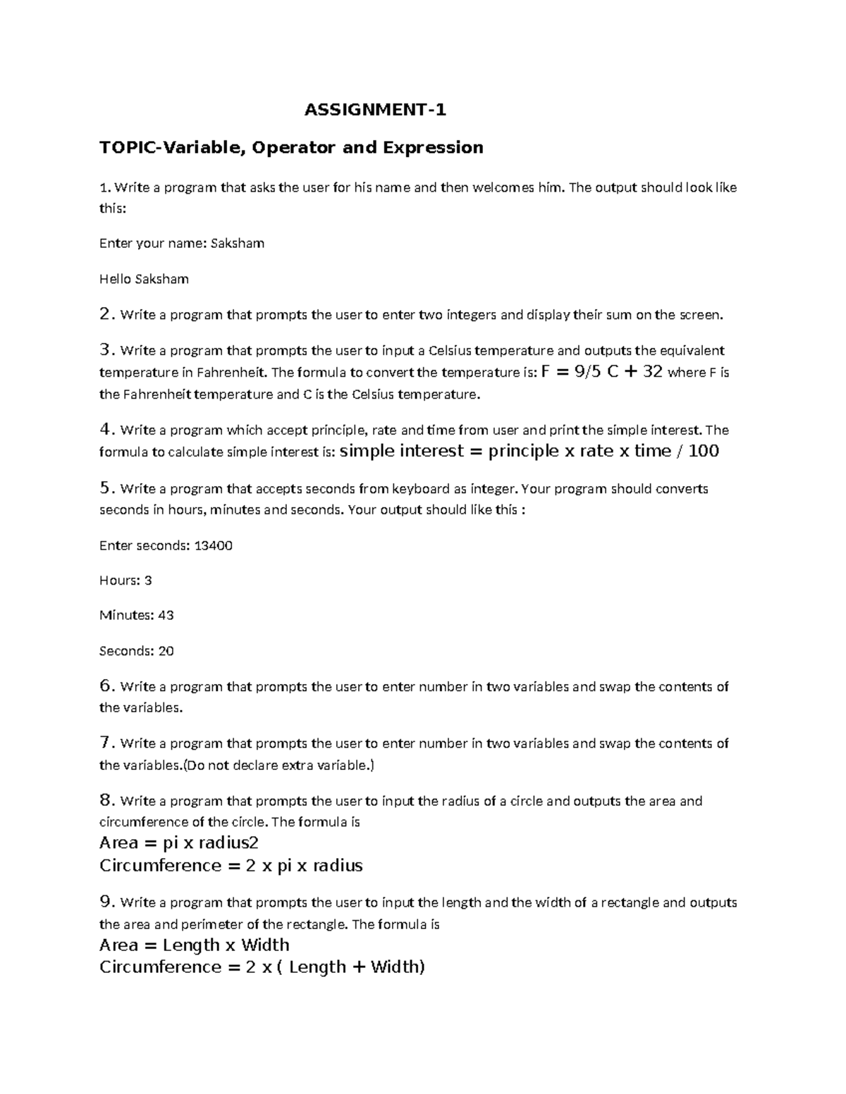 Python LAB Assignments: Operator, Expressions & Functions for XI & XII - Studocu