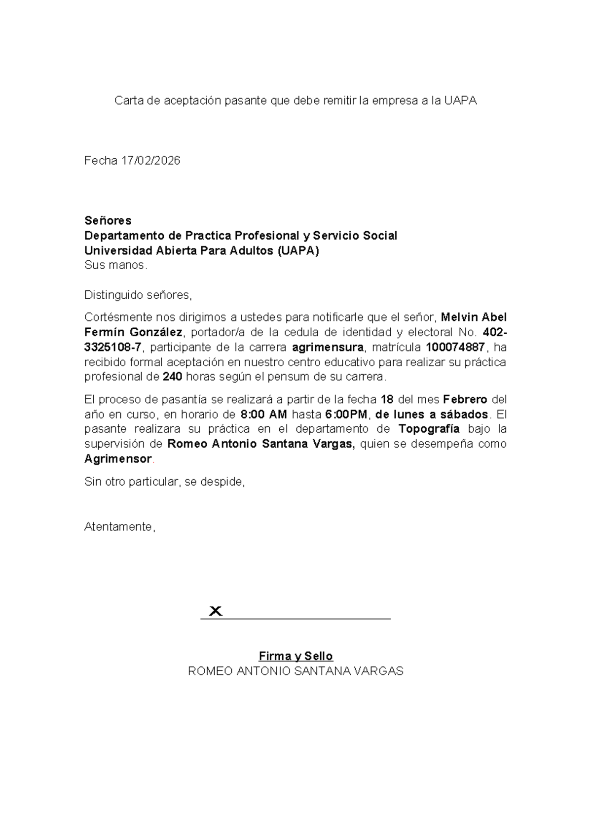 Modelo de Carta de Aceptación de Pasante - UAPA - Studocu