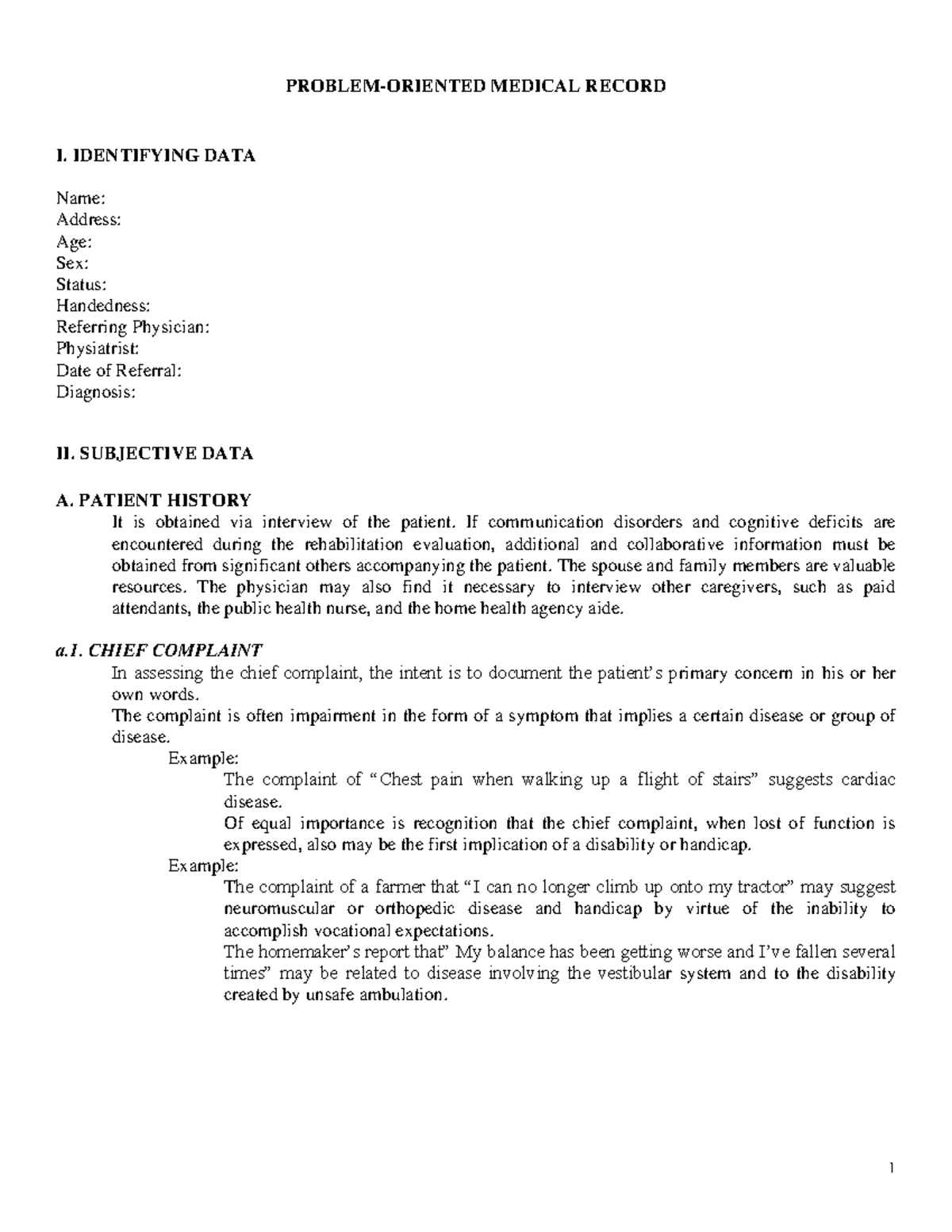 Problem- Oriented Medical Record (POMR) - Physical therapy - OLFU - Studocu