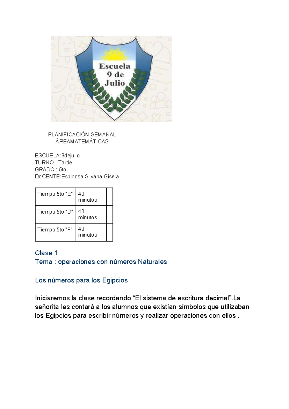 Planificación Semanal Matemáticas 5to Grado - Escuela 9 de Julio - Studocu