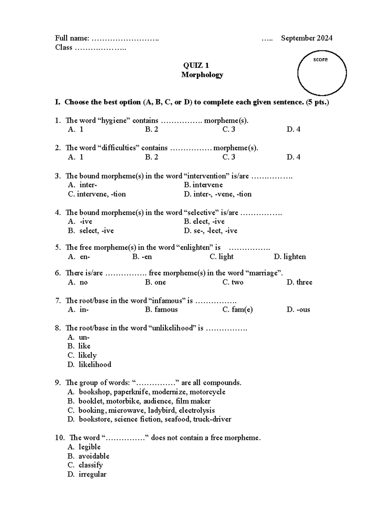 QUIZ Morphology - morpho - Full name ...
