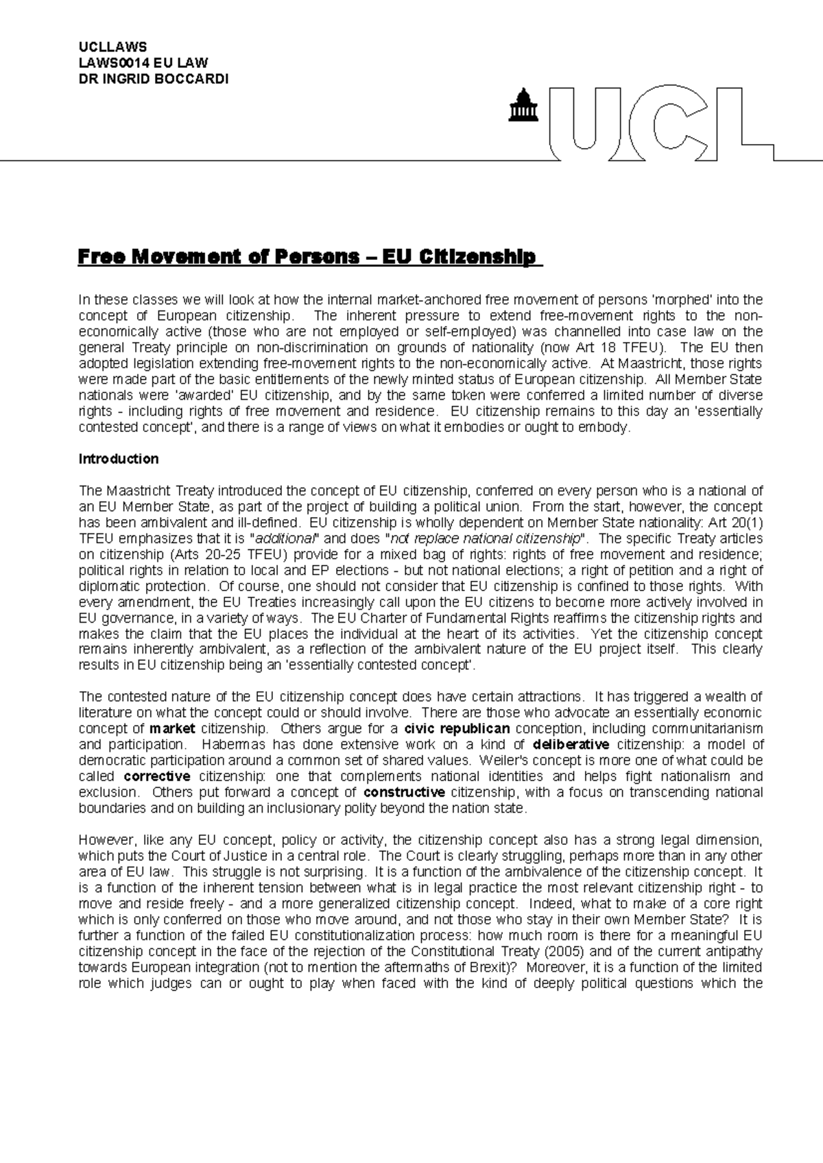 UCLLAWS LAWS0014 EU LAW LECTURE 11: Free Movement & EU Citizenship ...