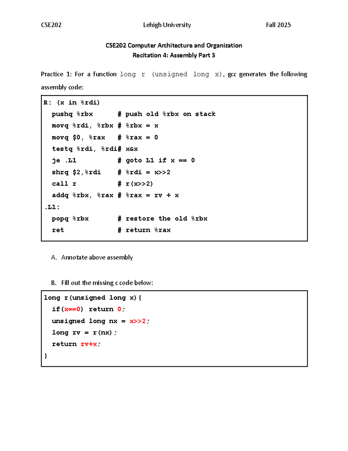 Lehigh Fall 2025 CSE202 Recitation 4: Assembly Code & Struct Analysis ...