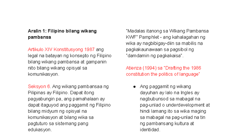 Reviewer for FilDis: Aralin sa Filipino bilang Wikang Pambansa - Studocu