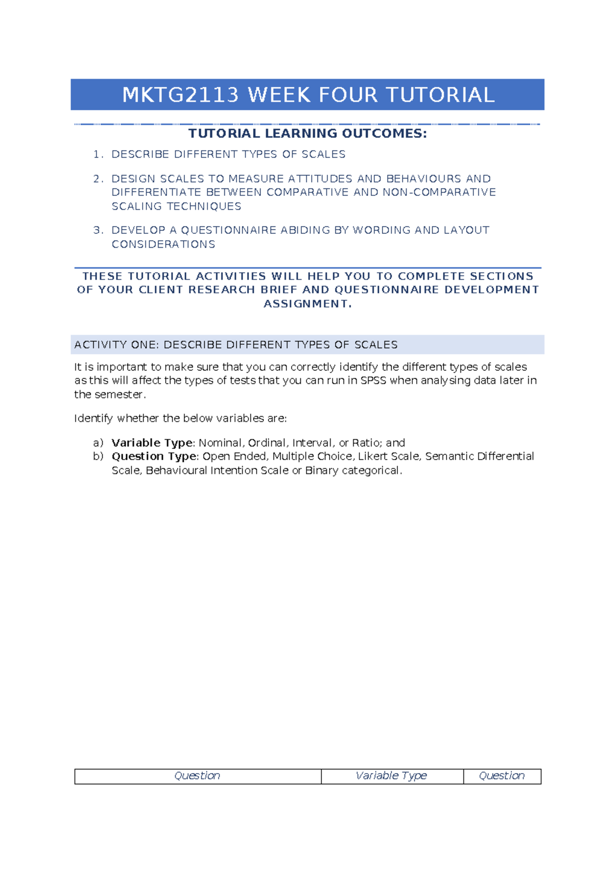 MKTG2113 Week 4 Tutorial: Scales & Questionnaire Design Insights - Studocu
