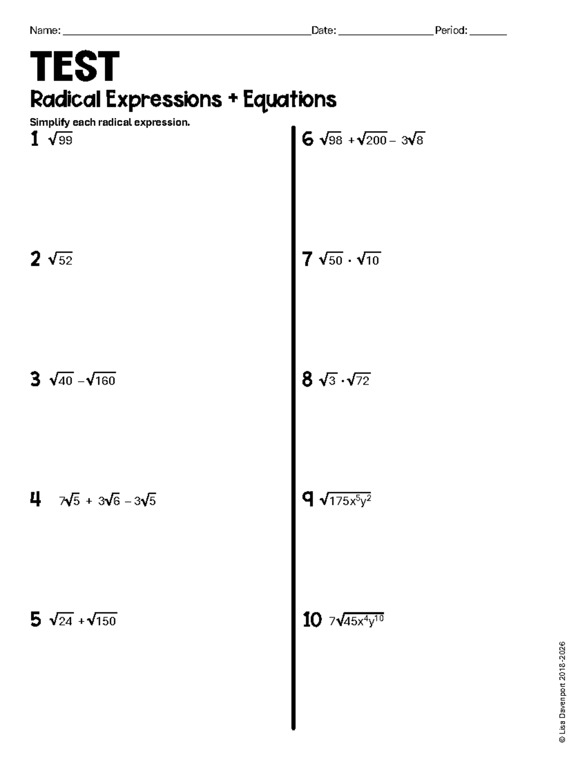 1406 - Test - Radical Expressions and Equations - Student - Name: - Studocu