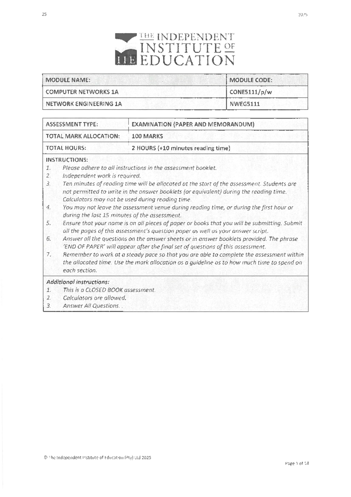 CONE5111 Computer Networks 1A Exam Paper & Memo 2025 - Studocu